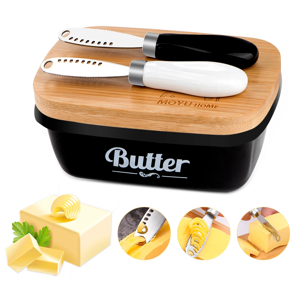 Set Of Black Enamel Butter Trays With 1 Bamboo Lid And 2 Ceramic ...