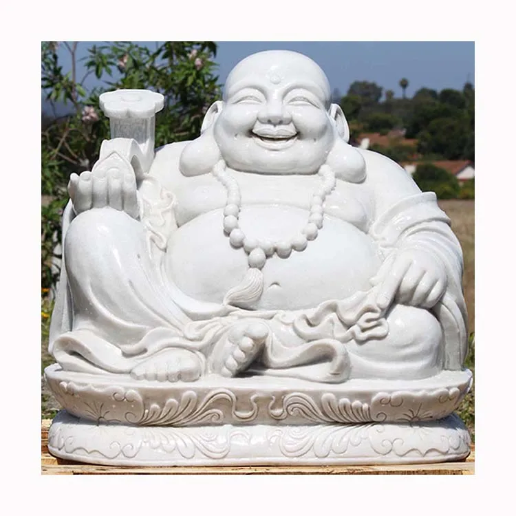 Hand Carved Stone Carving - White Marble Laughing Buddha Statues Sculpture