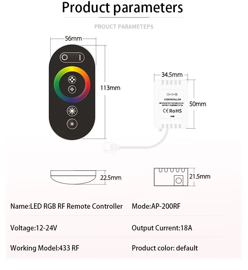 Led Rgb Rf Remote Controller Dc12-24v 18a 433rf Touch Colour Ring 6key ...