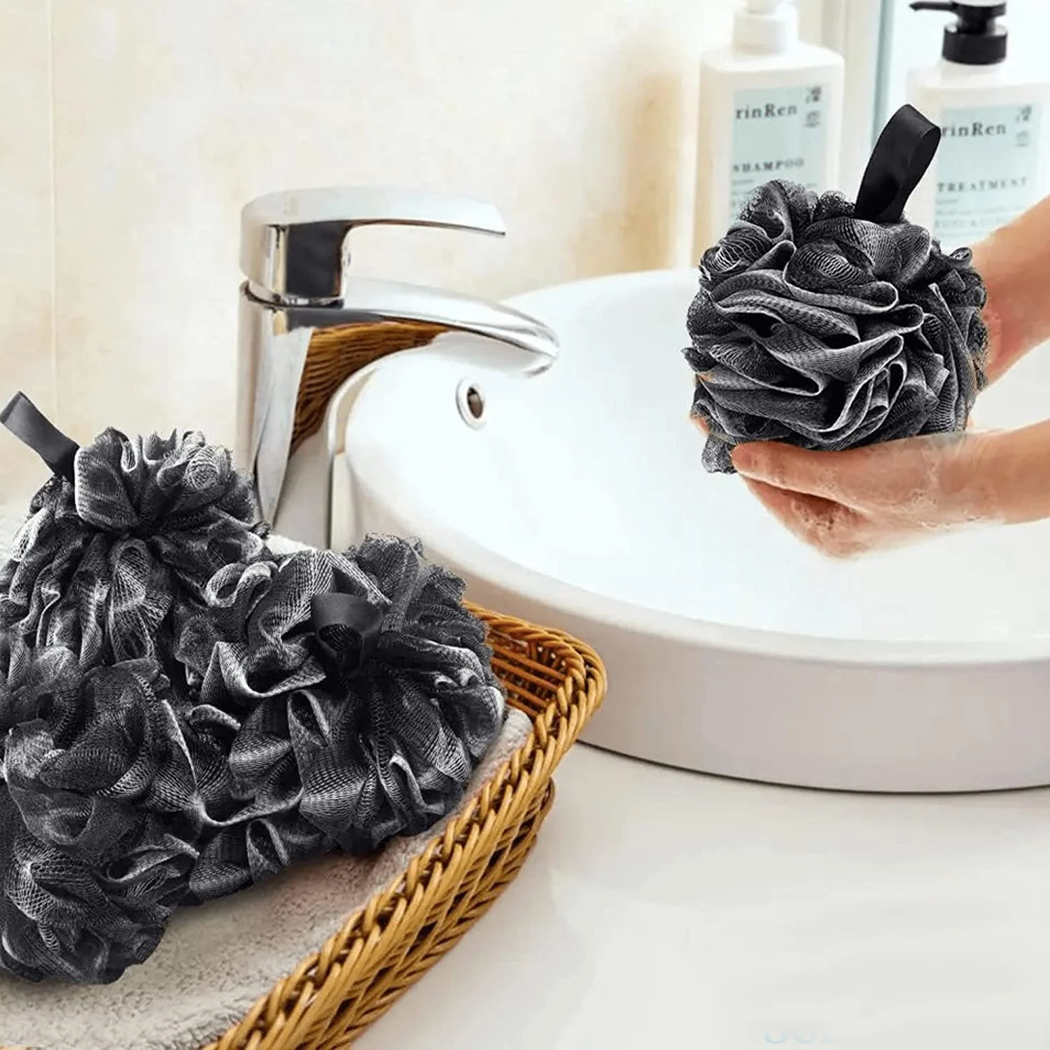 2 Pack Black Bath Sponge Shower Loofahs Pouf Ball Skin Exfoliating ...