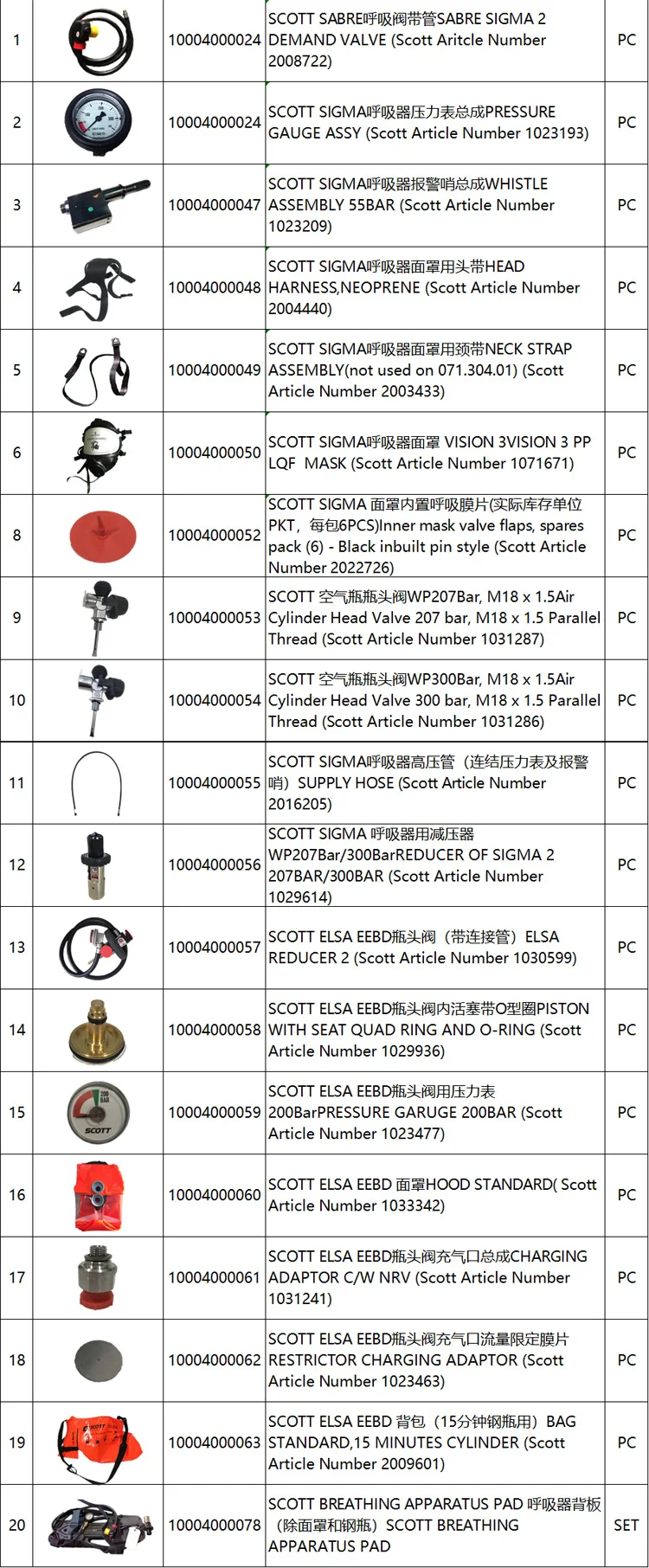 SCOTT ELSA EEBD SCBA Sigma2 Breathing Apparatus Spareparts