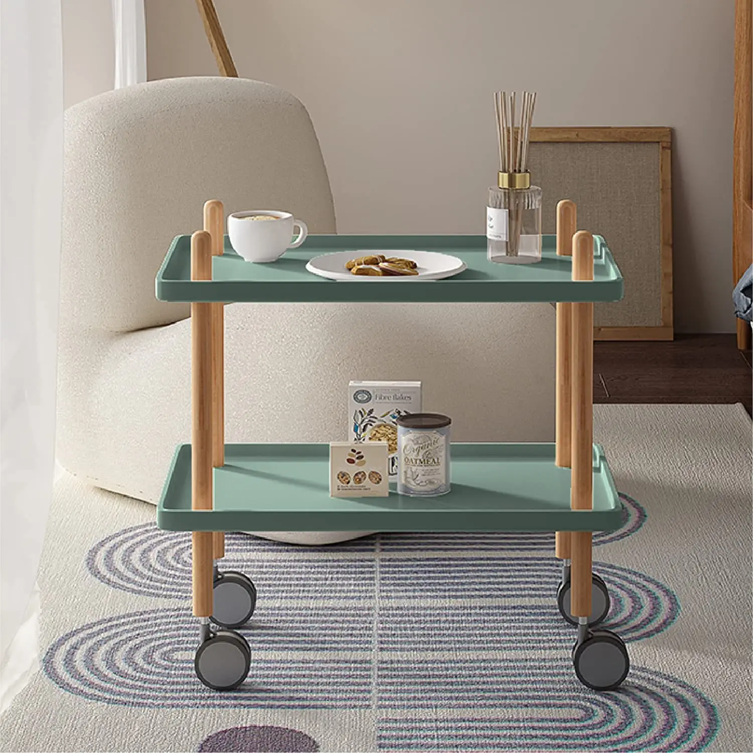 Double Layer Trolly Side Table,Convenient Plastic Pad Wood Frame Wine ...