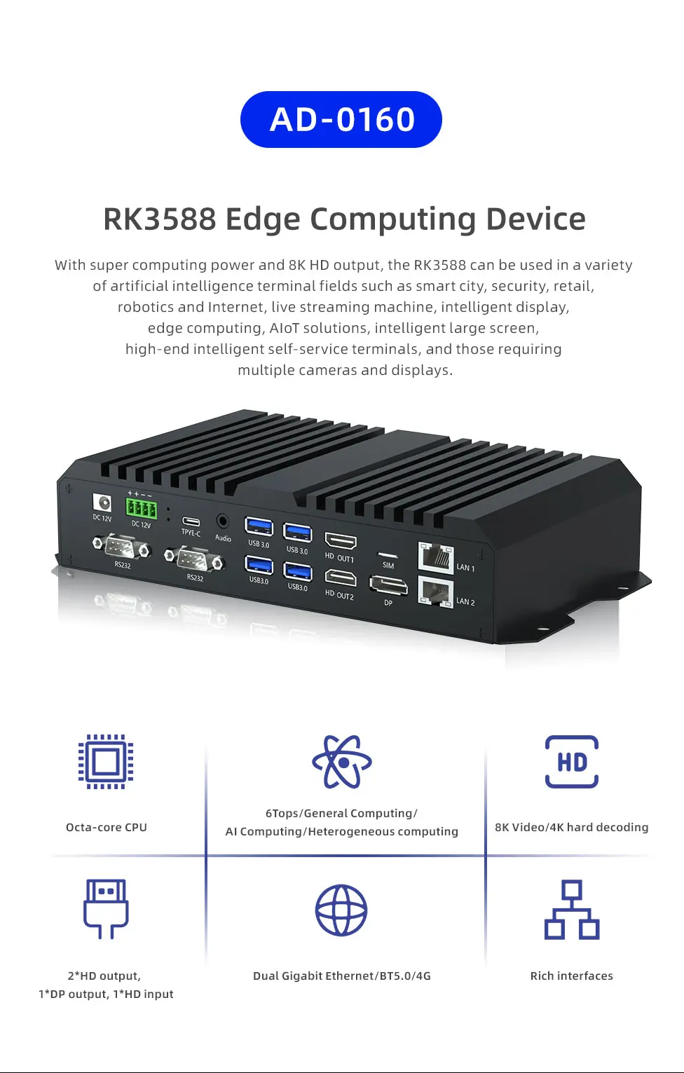 RK3588 8K Android 12 Edge Computing Device, Industrial Control Player Box, OEM