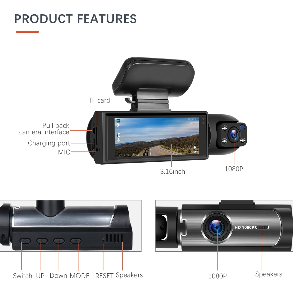 Podofo 3.16'' Dual Lens Dash Cam Hd 1080p Car Video Recorder Parking ...