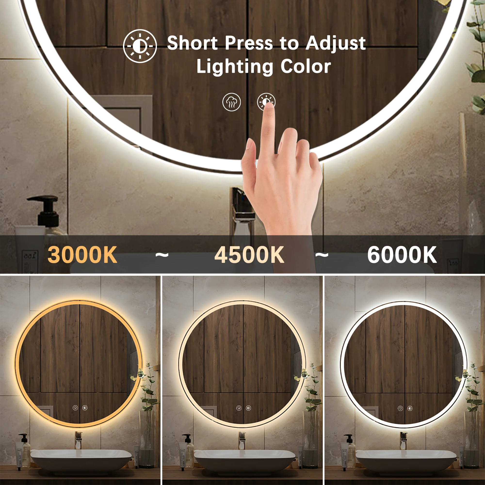 24 Inch Round Led Mirror Wall Mounted Illuminated Toilet Mirror With ...