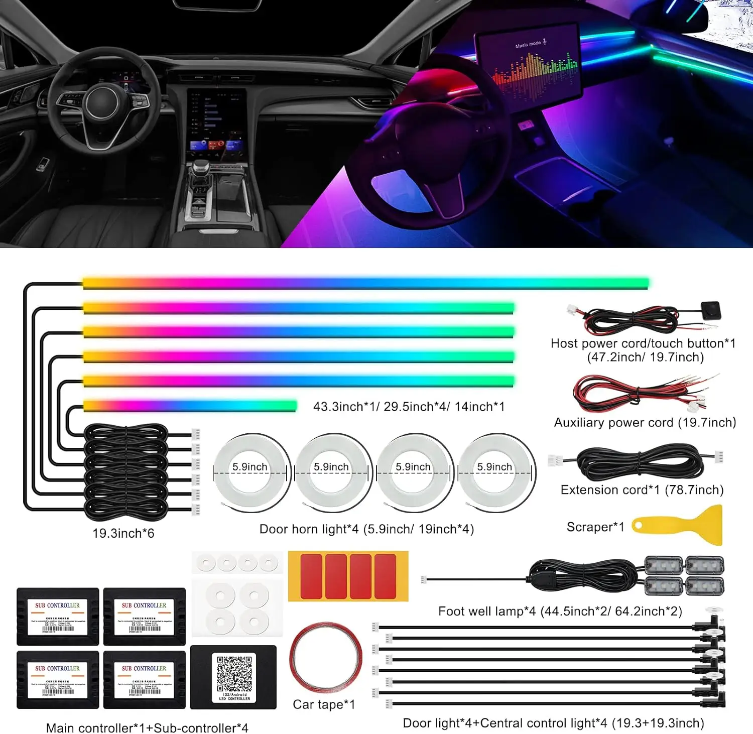 Interior Car Led Strip Light With Wireless App,Rgb 22 In 1 Ambient ...