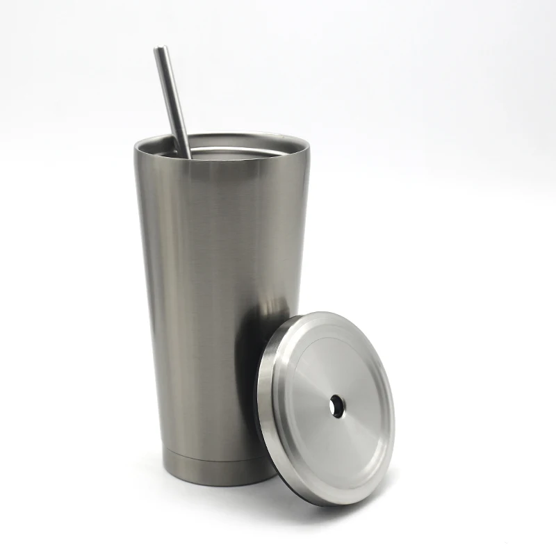 550ml Double Wall Stainless Steel Cone-shaped Cup With Metal Straw For ...