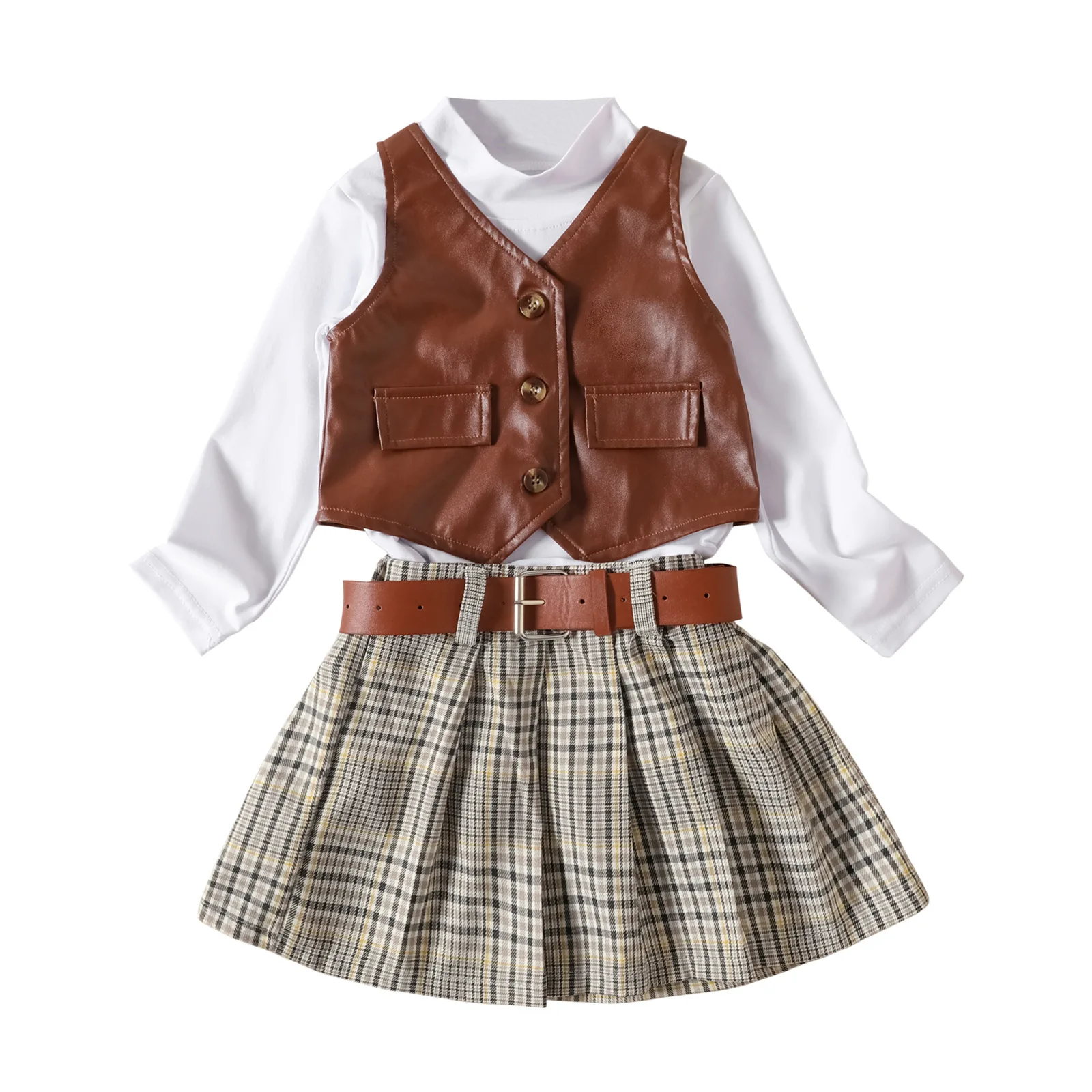 2023 Fall Kids Outfits Set Long Sleeve Shirt+pu Vest+plaid Pleated ...
