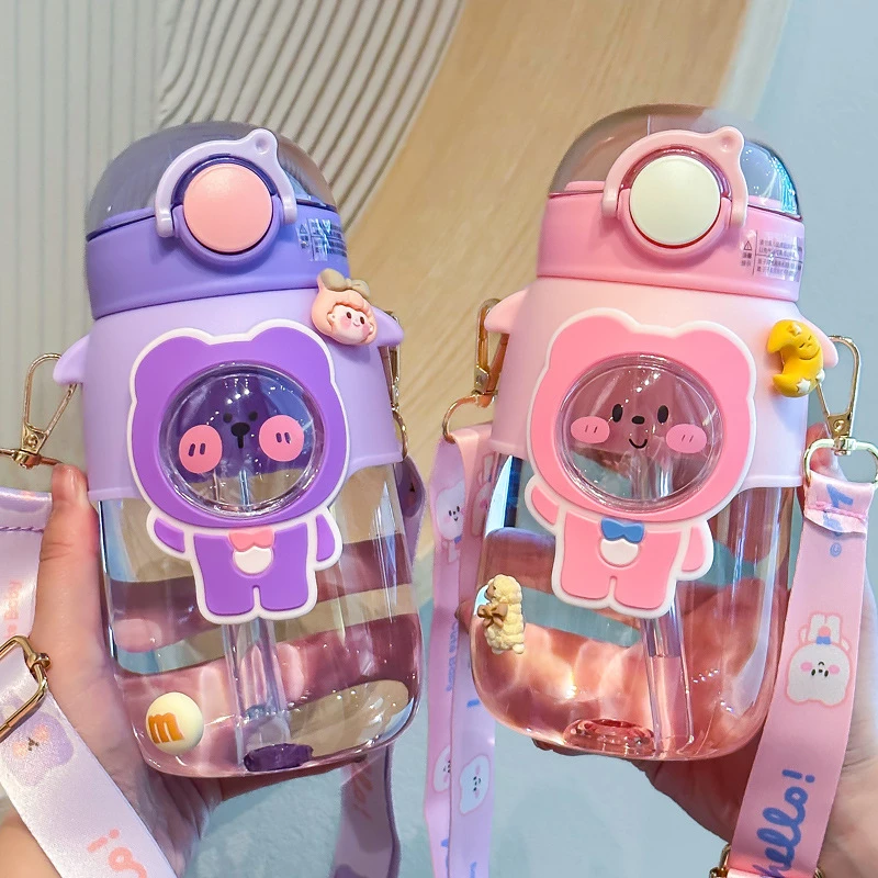 J74 Cartoon Cute Plastic Cup High Temperature Portable Straw Cup Strap ...