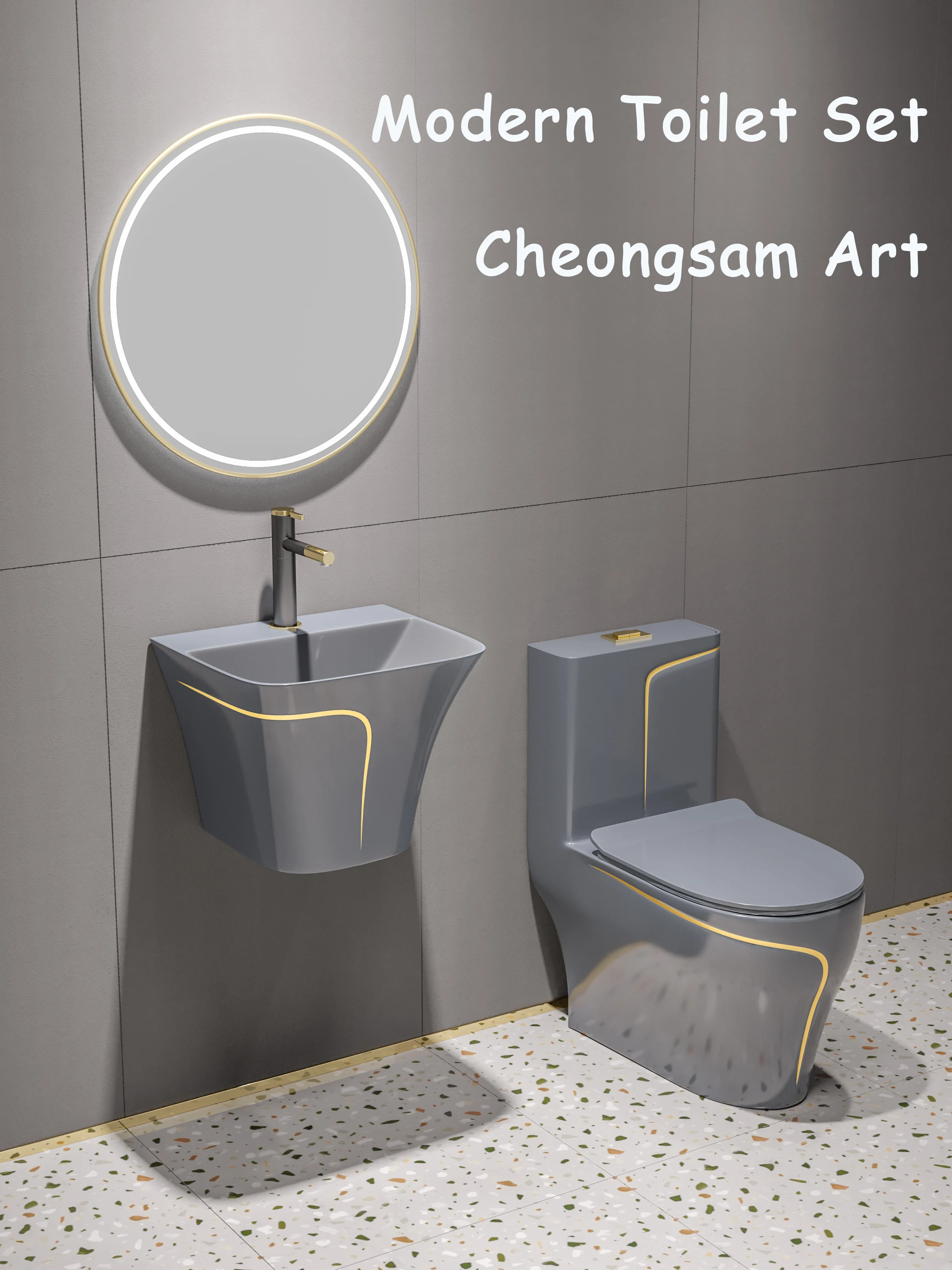 Modern Grey Gold Line Wc One Piece Ceramic Commode Basin