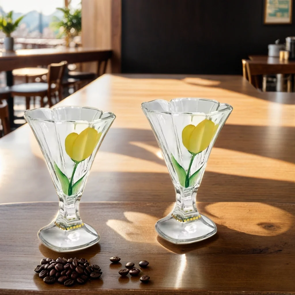 French Medieval High Foot Glass Hand-painted Tulip Ice Cream Shake Cup ...