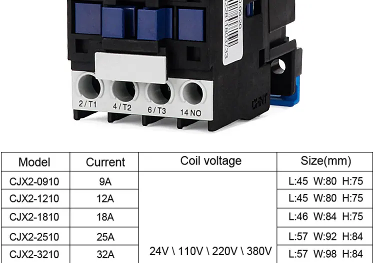Din Rail Mounted 3P+1NO Contactor CJX2-1810 AC 18A 3 Phase