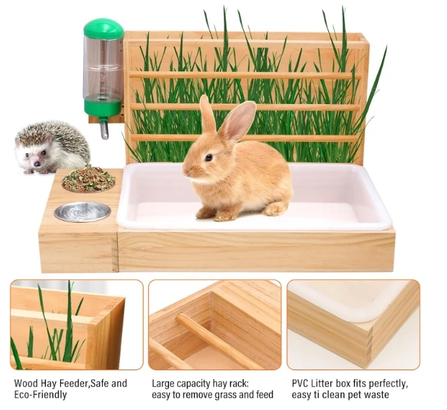 Rabbit Hay Feeder with Litter Box and Bowls 4 in 1 Wooden Feeder Toilet ...