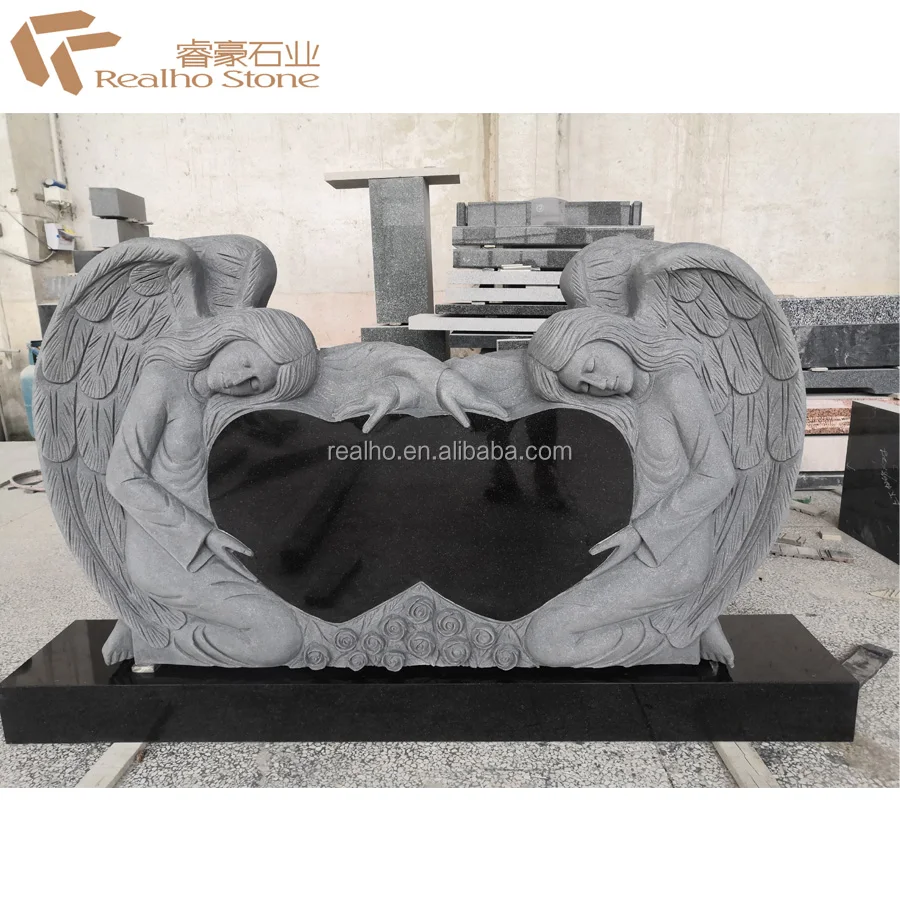Black Granite Heart Angel Wings Headstone Cemetery Engraving Angel ...