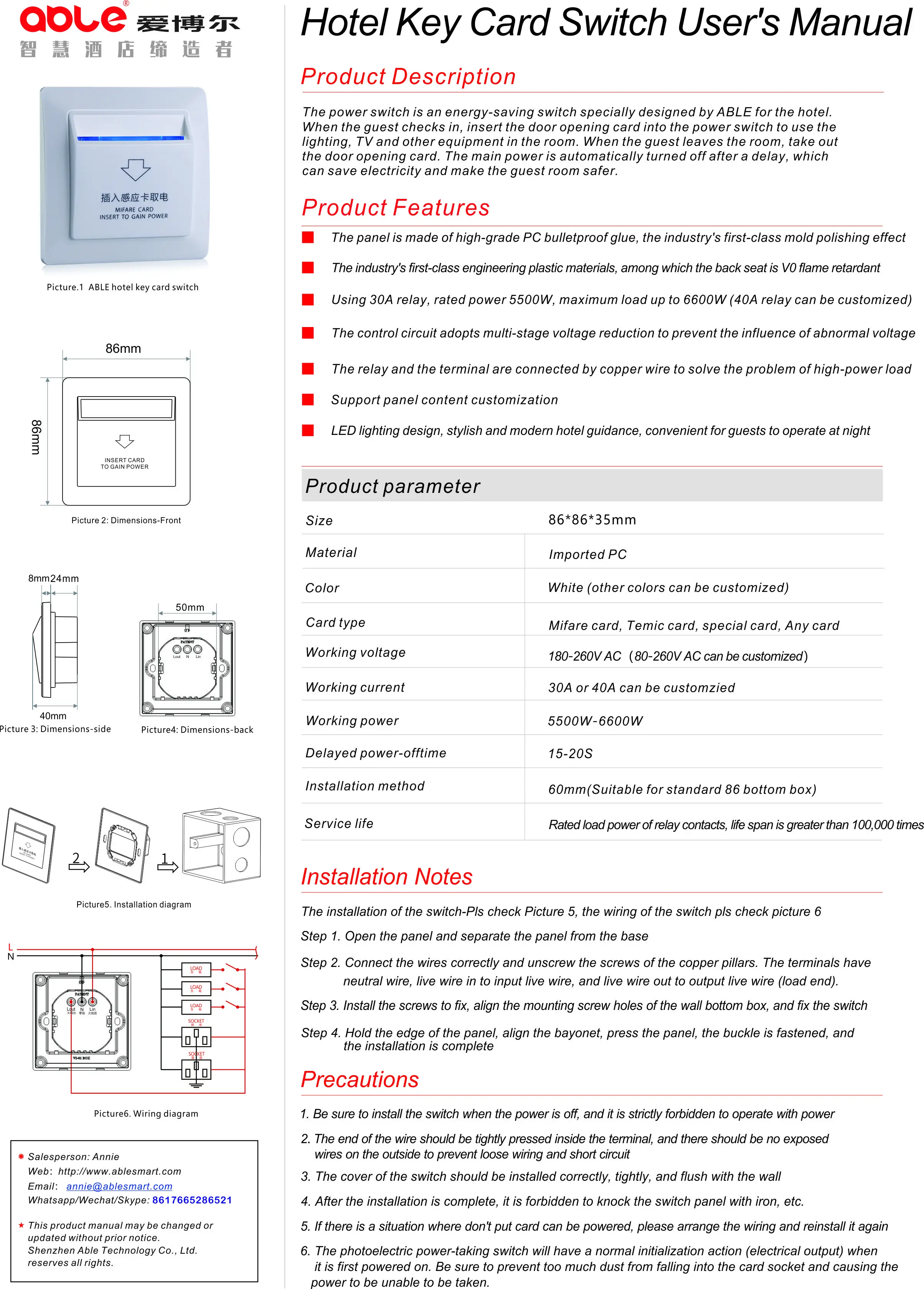 Electrical Insert Key Card Power Switch - Secure & Customizable