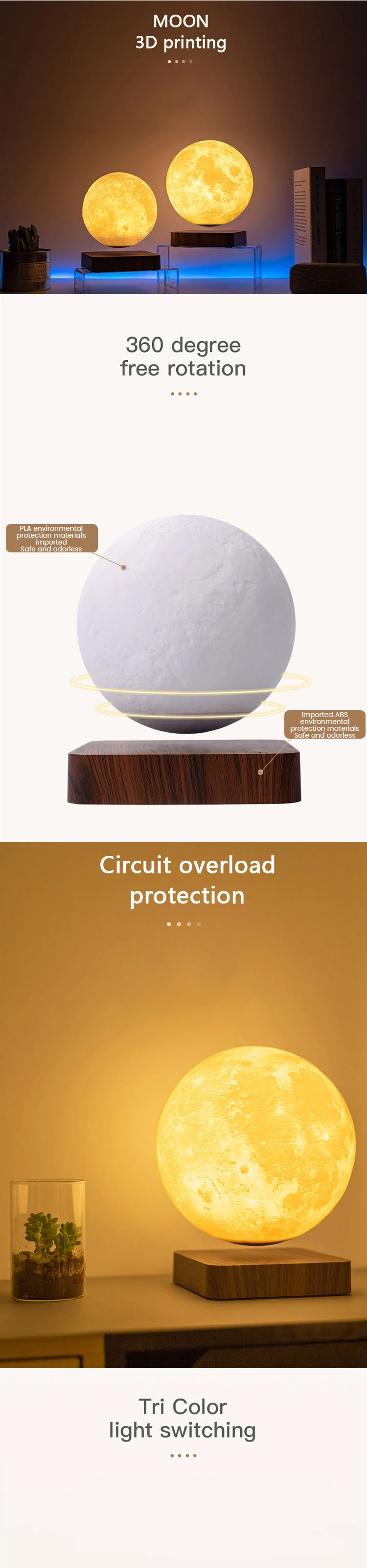 3 Changing Colors Usb Rechargeable 3d Printing Led Lunar Stand Smart ...