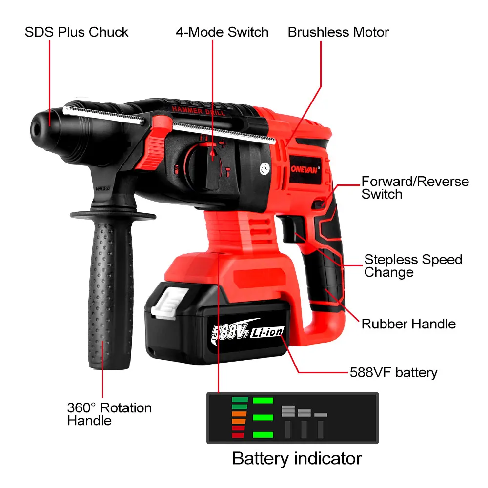 2000W 4 Function Brushless Cordless Drill - 26mm Hammer Drill