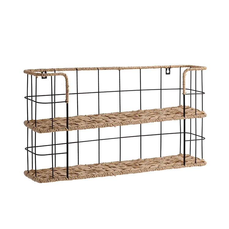 K&b Industrial Natural Straw Metal Wire Frame Floating Bar Wall Shelf ...