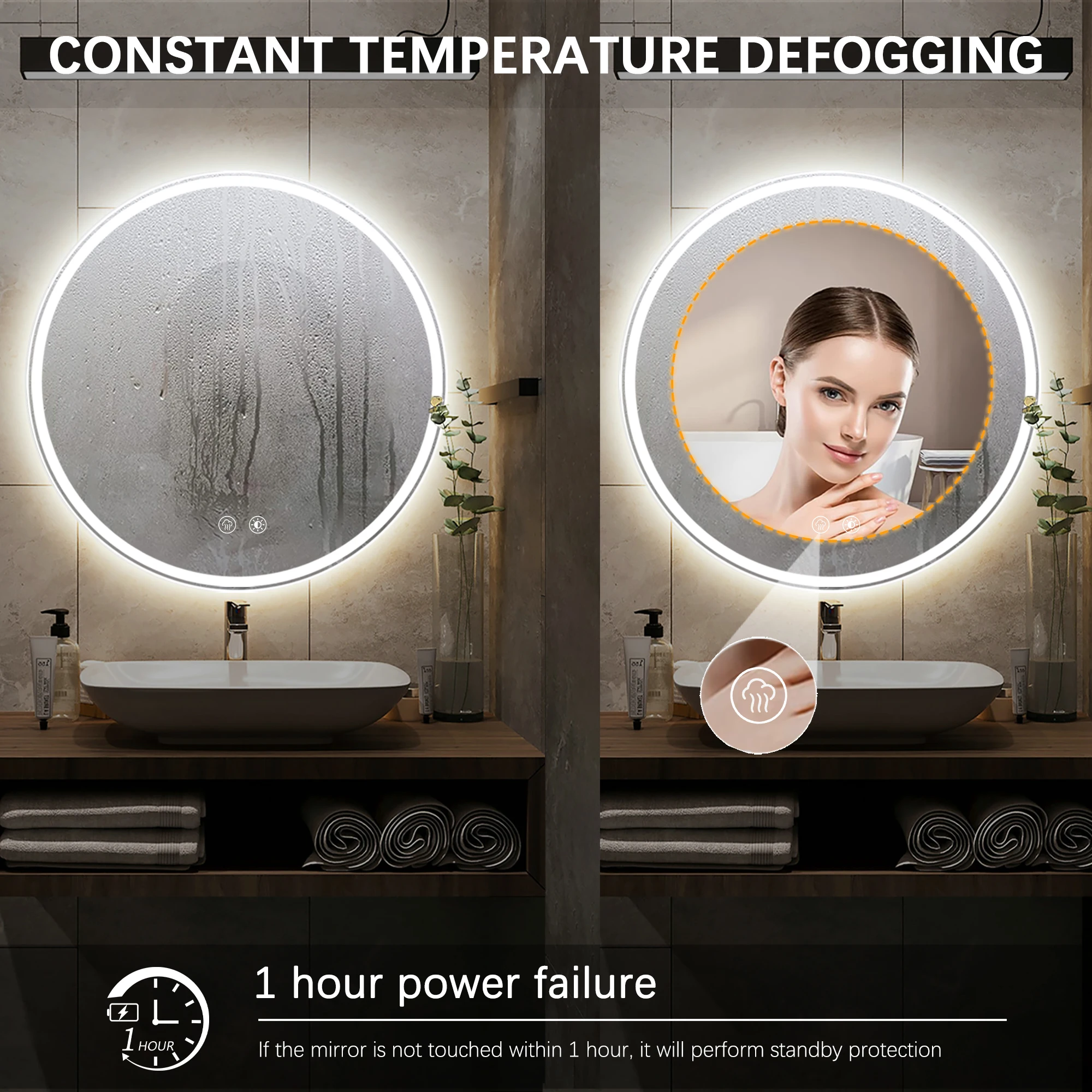 24 Inch Round Led Mirror Wall Mounted Illuminated Toilet Mirror With ...