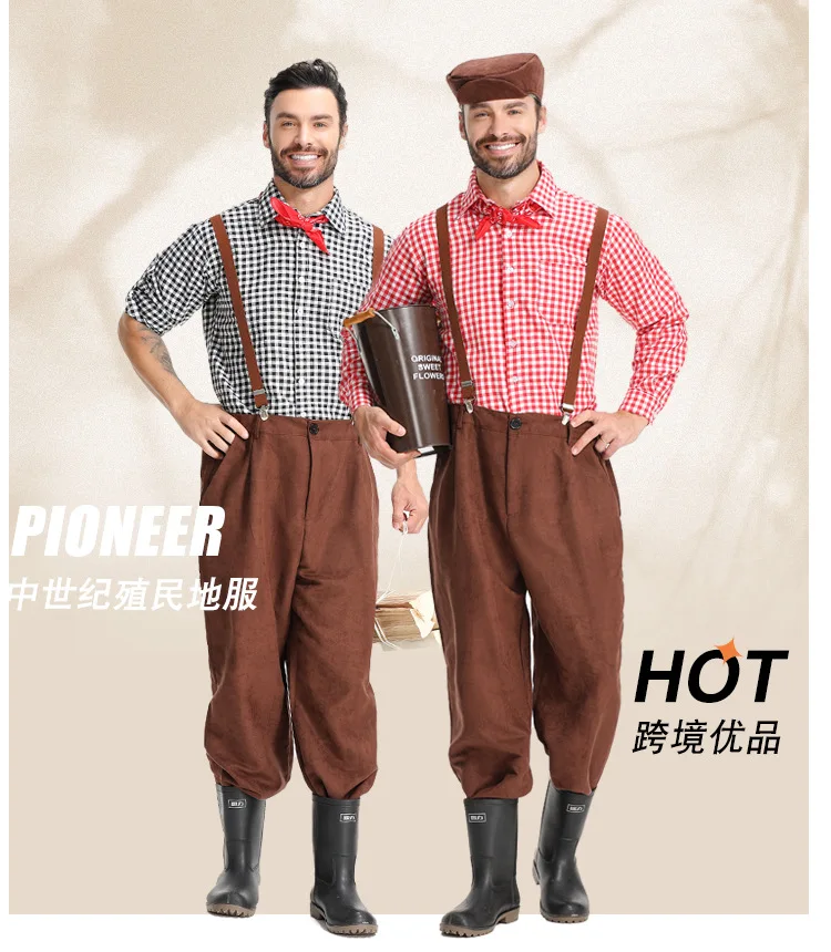 Medieval Colonial Costume - Adult Suspenders & Plaid Overalls for Halloween