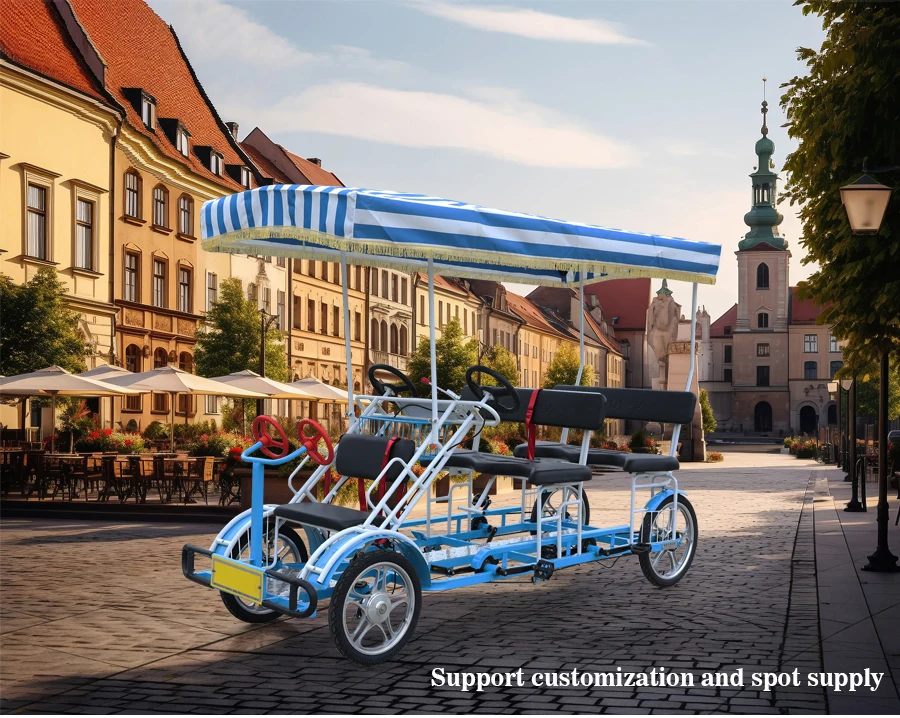 Electric Four-Wheel Tandem Surrey Bike with Roof Single Speed Tourist ...