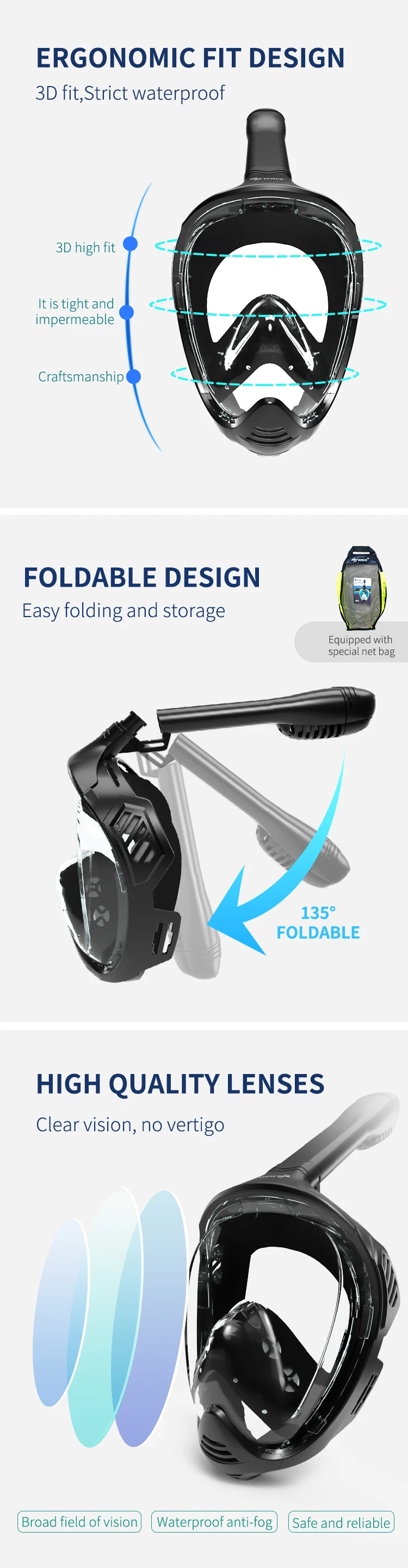 WAVE Diving Mask - Full Face Snorkeling Gear with Camera Mount