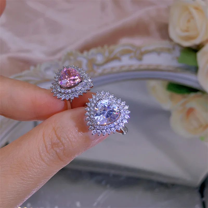 Luxury Super Sparkling Large Pink Zircon Heart Ring for Women