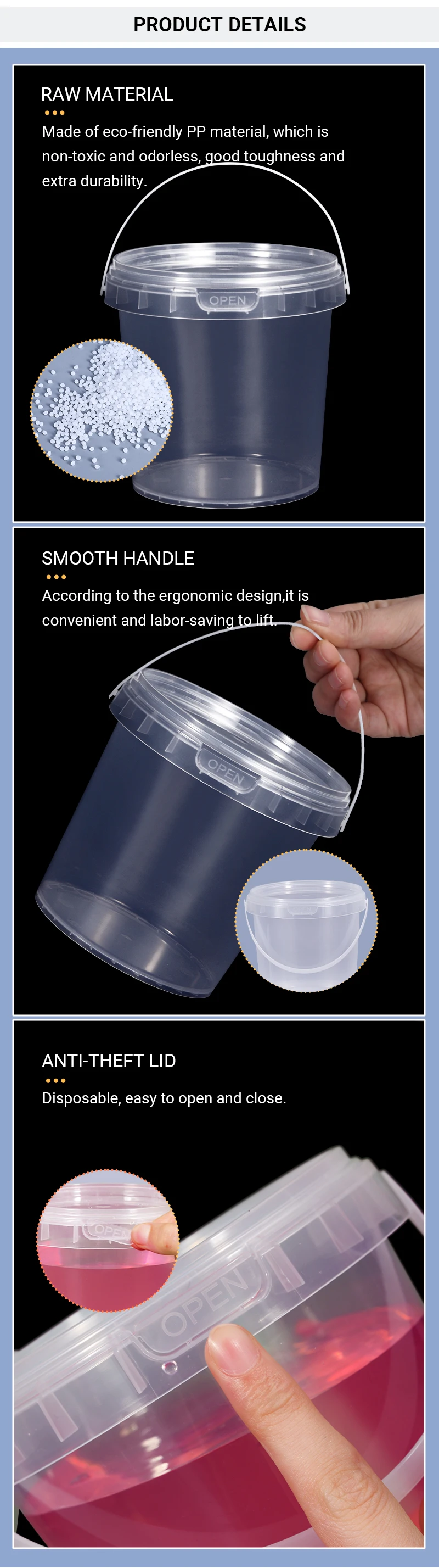 Airtight clear Plastic Bucket with Lids PP Bucket 300ml-5L Food Grade ...