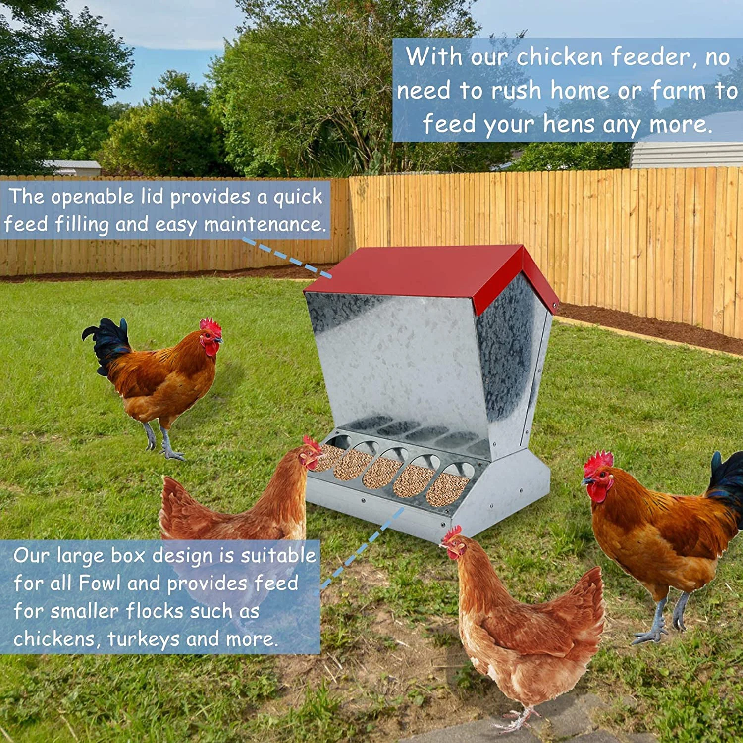 Jh-mech 50 Lbs Metal Poultry Feeder with Lid - Durable & Efficient