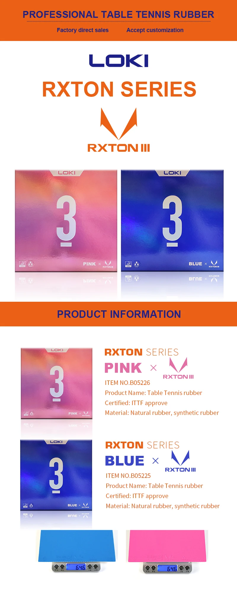 LOKI ITTF Approved Professional Rxton 3 Blue & Pink Rubber for Table Tennis