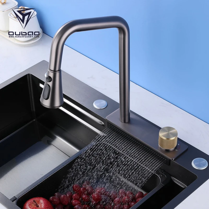 OUBAO Modern Luxury Square Kitchen Faucet Sink Gun Grey Fly Rain Pull ...