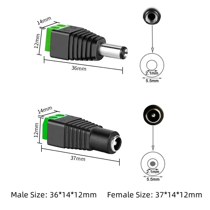 12V DC Power Connector 5.5mm X 2.1mm Male FemalePower Jack Adapter for ...