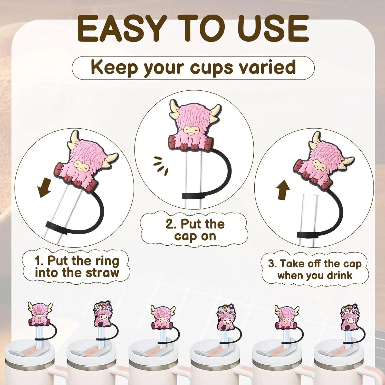 Highland Cow Straw Covers for Tumbler Cup Cow Straw Topper for 30&40 Oz ...