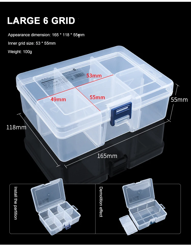Clear Divided Hinged Keyway Plastic Storage Organizer Box