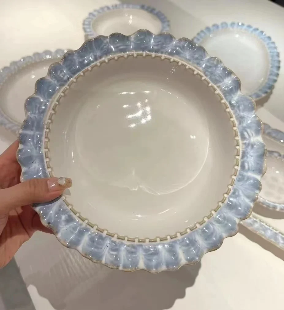 French Style Elegant Smoke Blue Ruffle Flower Ceramic Dinner Plate Set ...