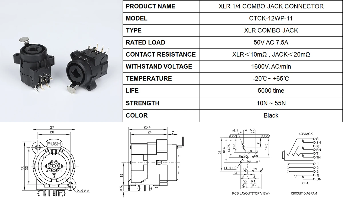 Combo Connector Xlr 1/4" Jack Hybrid Female Chassis Mount Connector ...