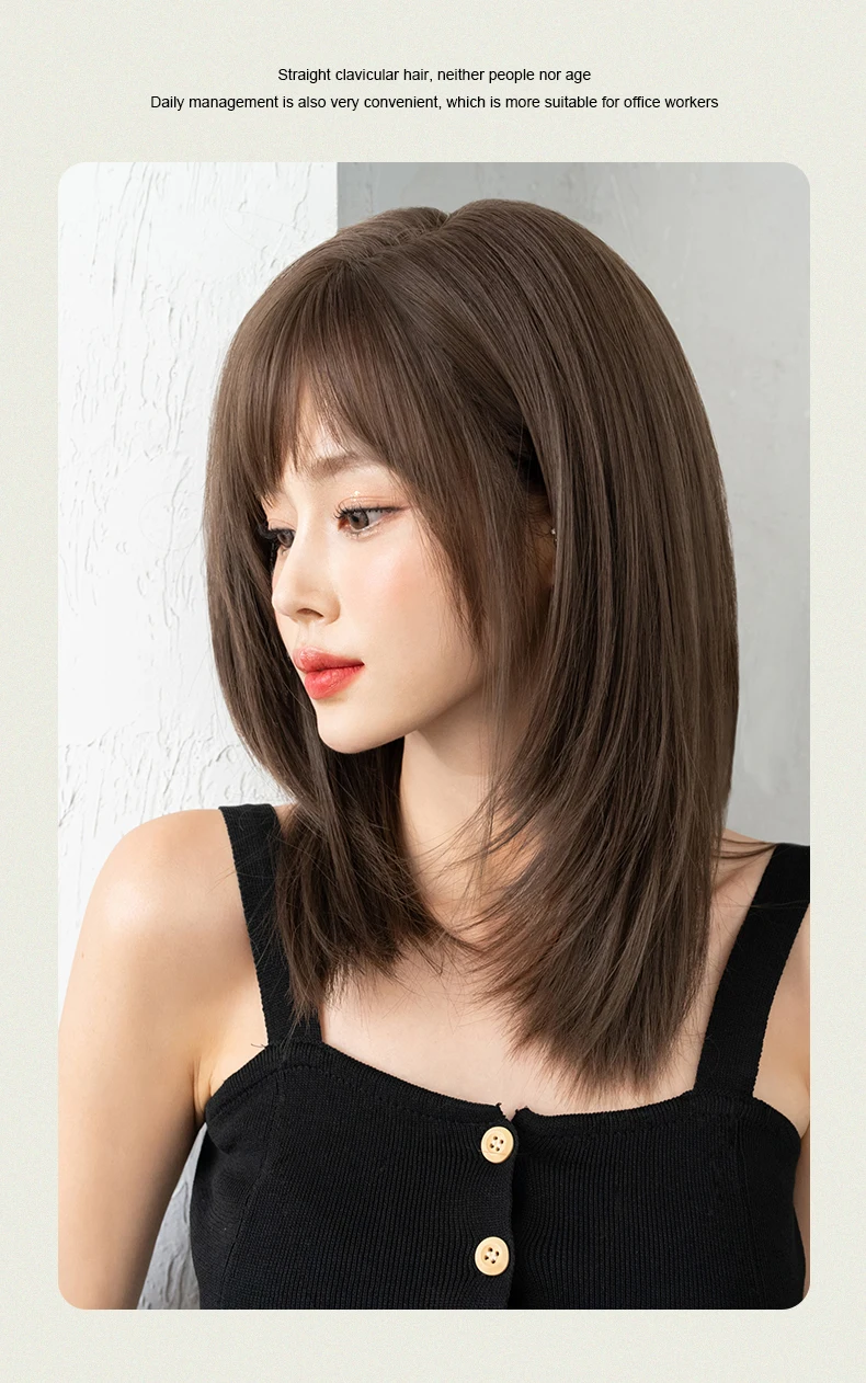 Asian Wig Brown Synthetic Wig with Bangs - Ombre Beauty