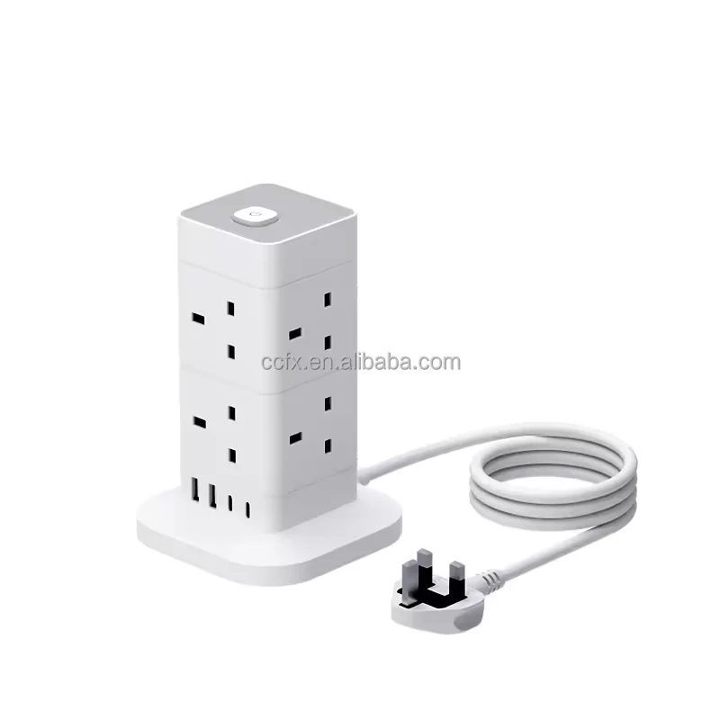 8 Way UK Power Tower Strip Socket /Tower Extension Lead Power Strip ...