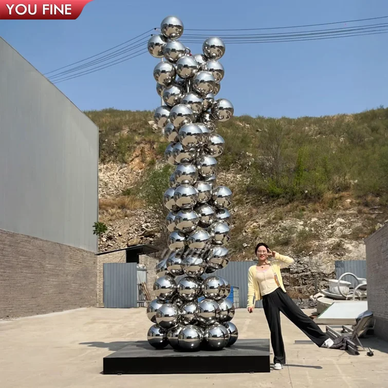 YOUFINE Large Stainless Steel Sphere Column Sculpture Modern Reflective ...