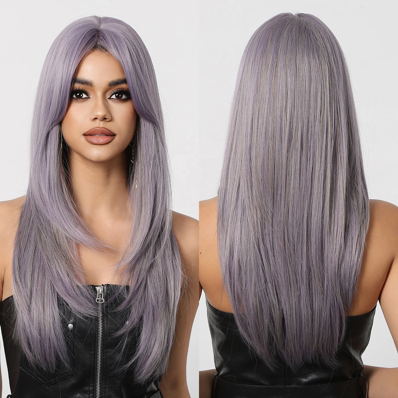 Light Purple Long Straight Layered Wig Synthetic Wigs With Bangs For ...