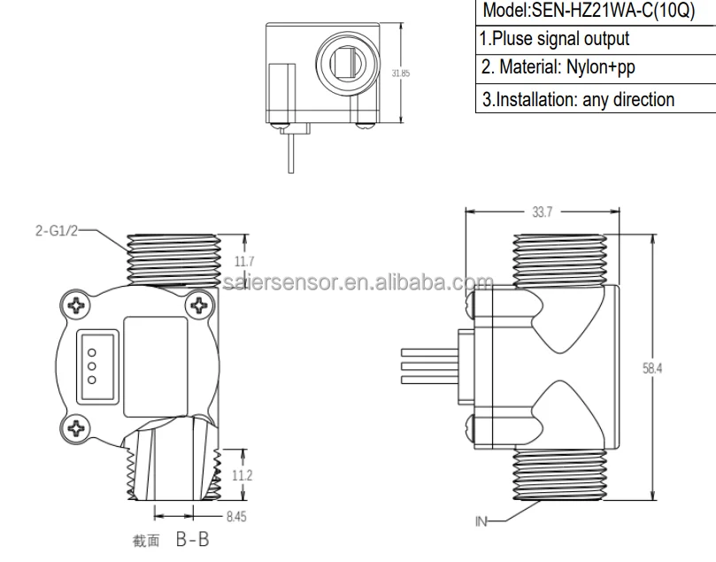 5-24VDC Hall Effect Sensor for 0.5-20 L/min Liquid Flow