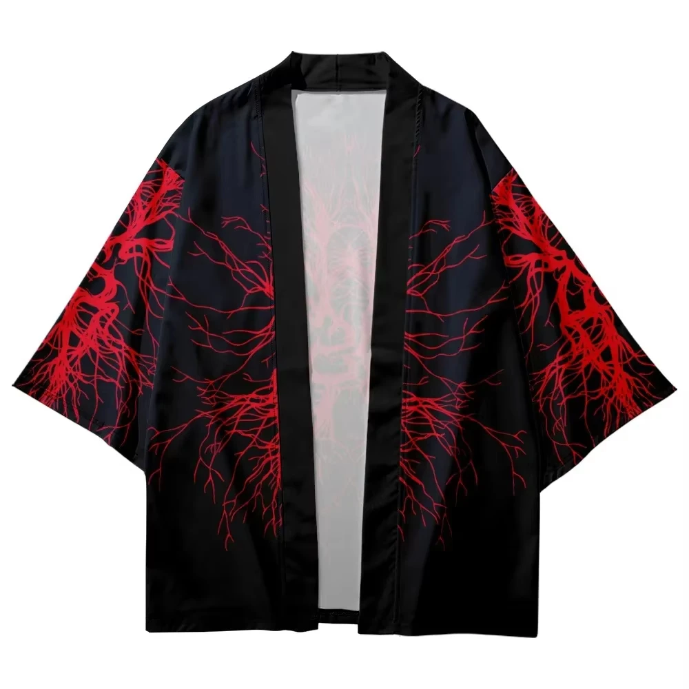 Traditional Streetwear Red Tree Roots Print Kimono Men Japanese Beach ...