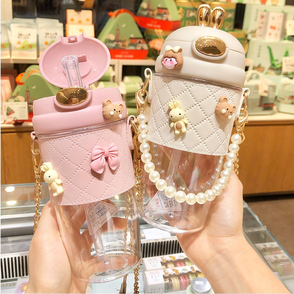 Cute Rabbit Plastic Water Bottle Cup for Kids, 380ml & 580ml with Straw ...