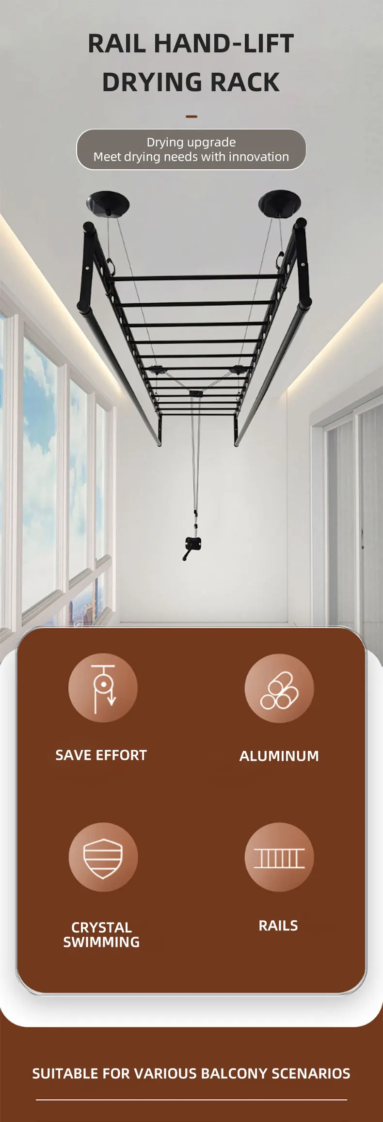 Manual Lifting Balcony Clothes Rack Hangers Retractable Ceiling Mounted ...