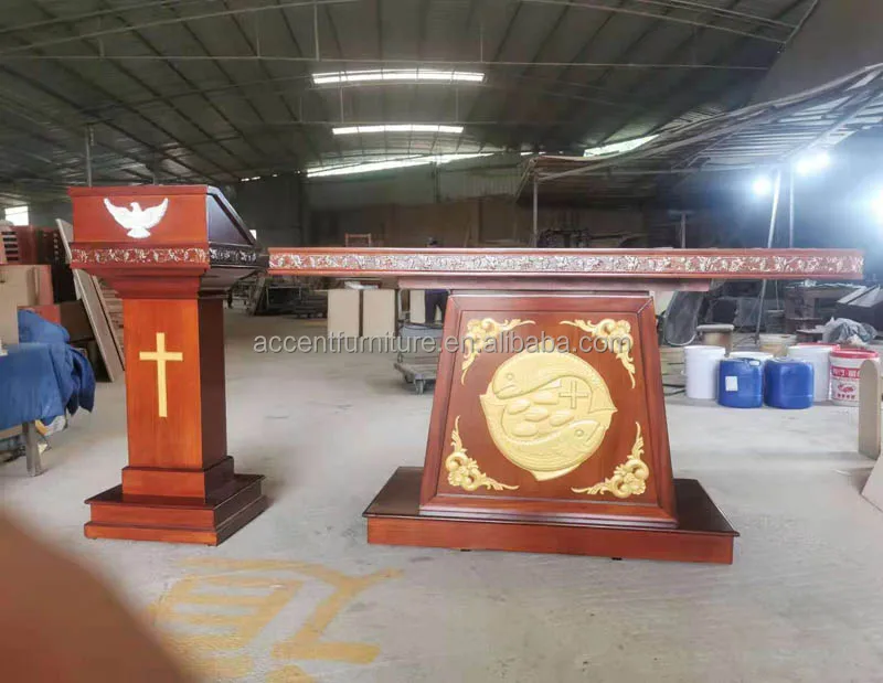 Solid Wood Church Altar Table with Cross Embossed Modern Design Reading ...