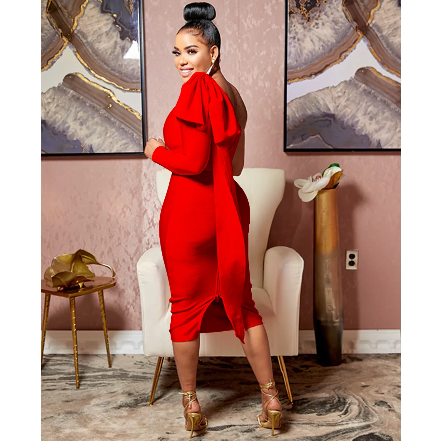 X5933 New Arrival Fashion Slash Collar One Shoulder Long Sleeve Bowknot ...