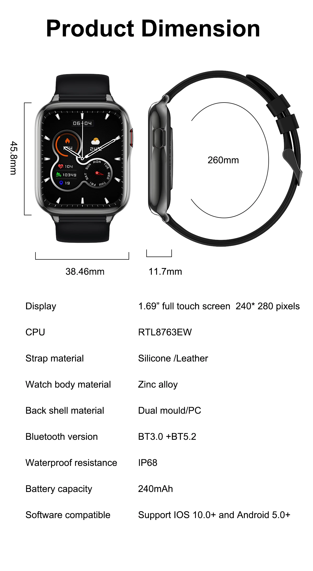 Linwear LW46 1.69" Waterproof Smartwatch for Android & iOS | BT Call ...