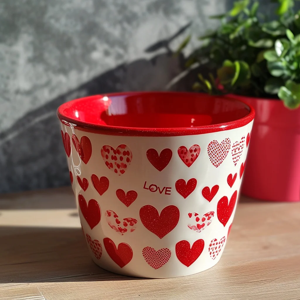 Romantic Love-Themed Glazed Ceramic Flowerpot - Valentine's Day Planter