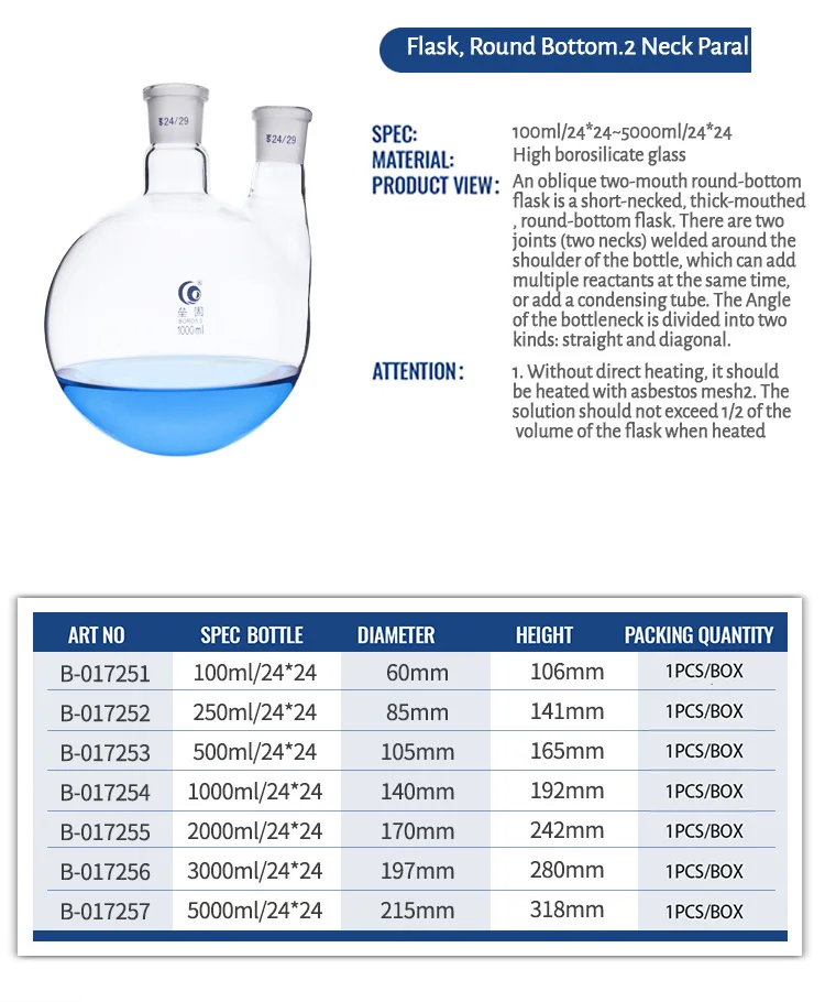 Lab Oblique Two Mouth Round Bottom Wry Two Neck Reaction Flask 25/100/250/500/1000/2000/3000 ...