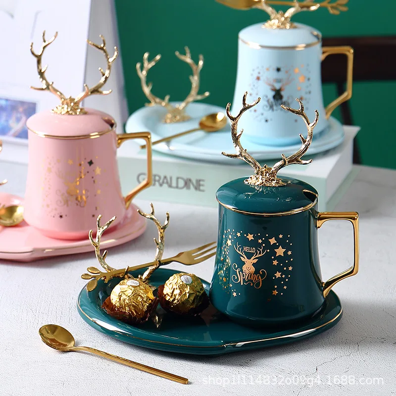 European Coffee Cup Set Matte Porcelain Mug With Gold Reindeer ...